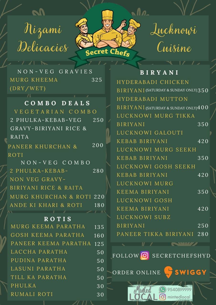 Menu at Secret chefs, Hyderabad