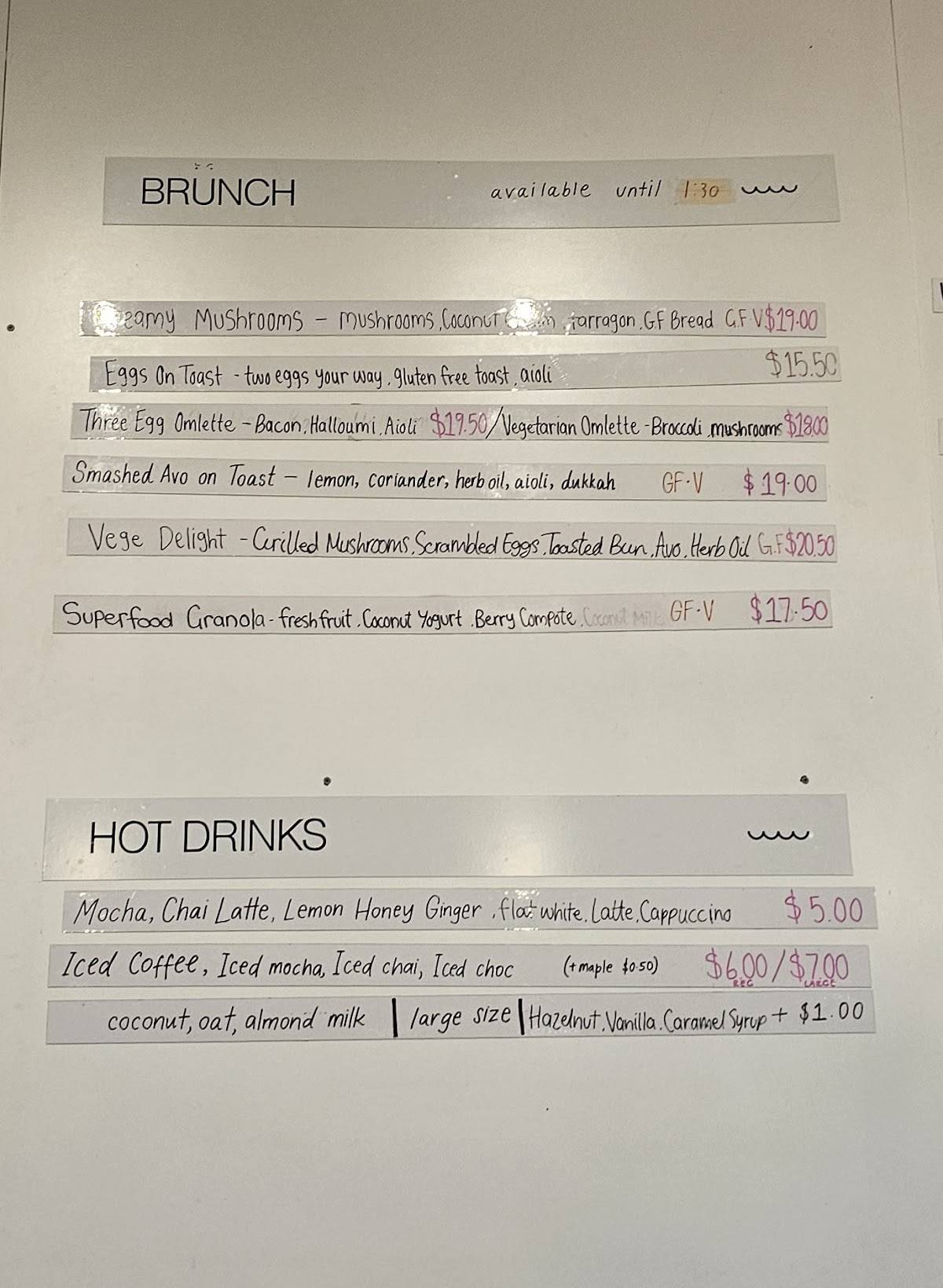 Menu at Seize cafe, Wellington