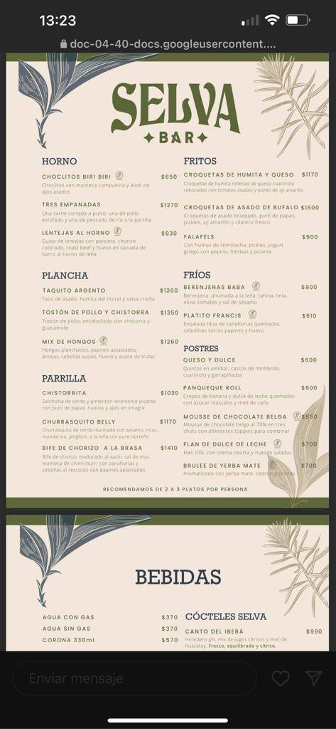 Carta de Selva Bar, San Isidro