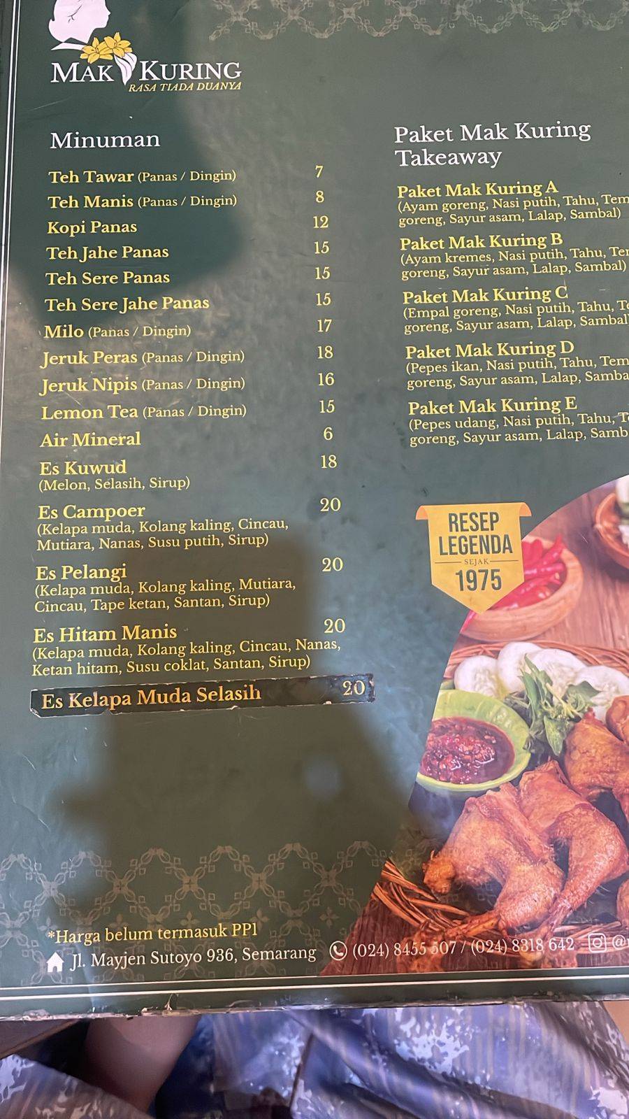 Menu at Mak Kuring Ayam Bebek Goreng Bumbu Hitam restaurant, Semarang
