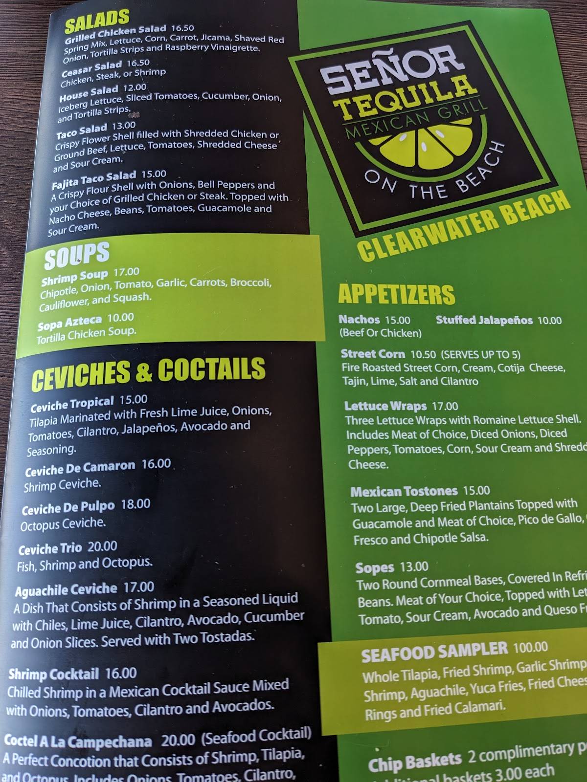 Menu at Señor Tequila by the Beach restaurant, Clearwater