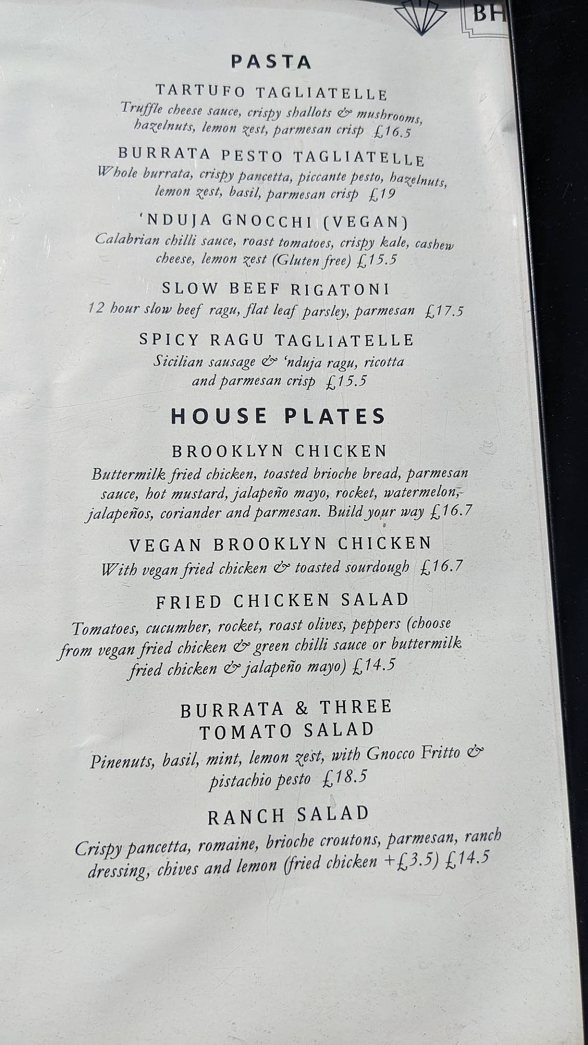 Menu at Serata Hall pub & bar, London, 207 Old St