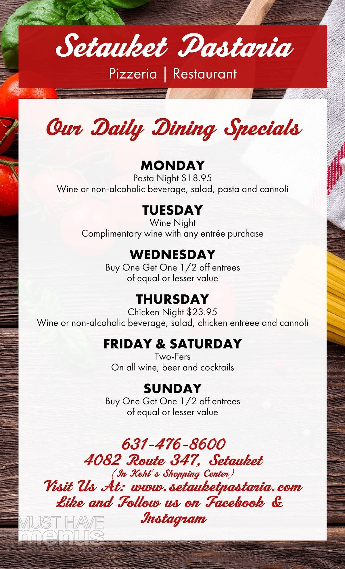 Menu at Setauket Pastaria pizzeria, Setauket- East Setauket, Nesconset Hwy