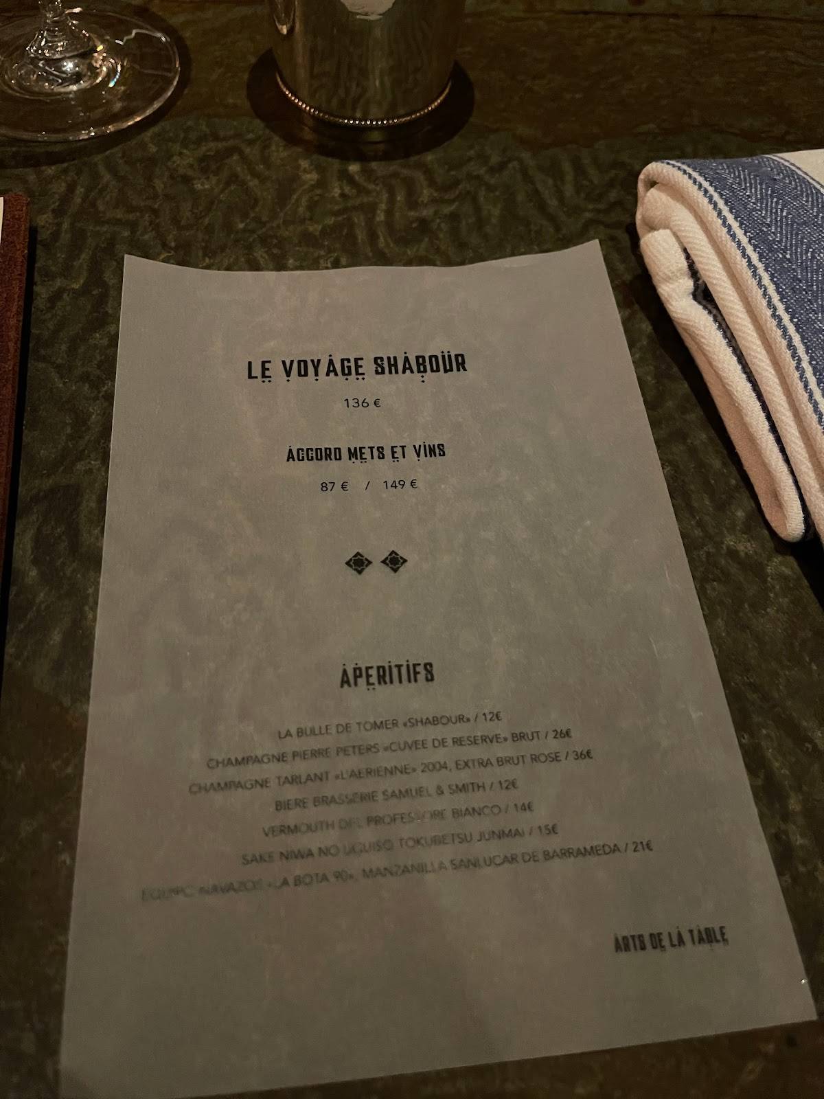 Menu au Shabour restaurant, Paris
