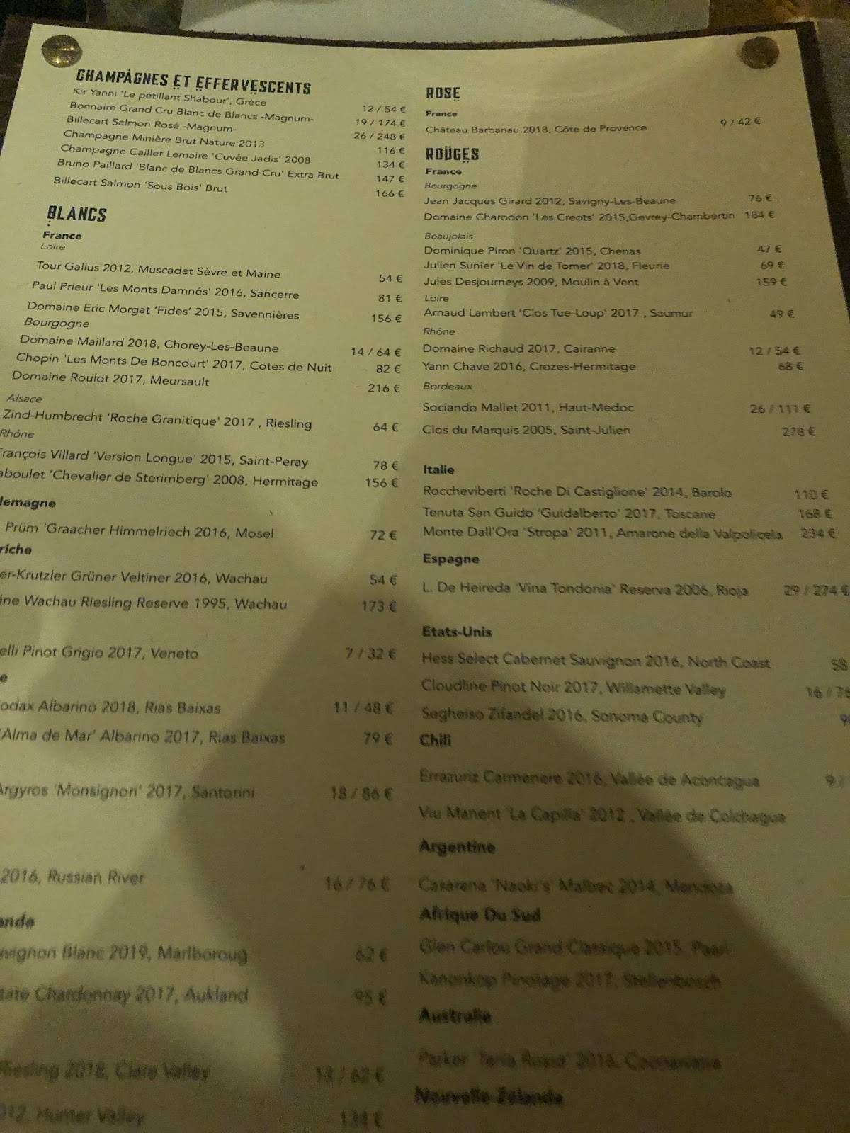 Menu at Shabour restaurant, Paris