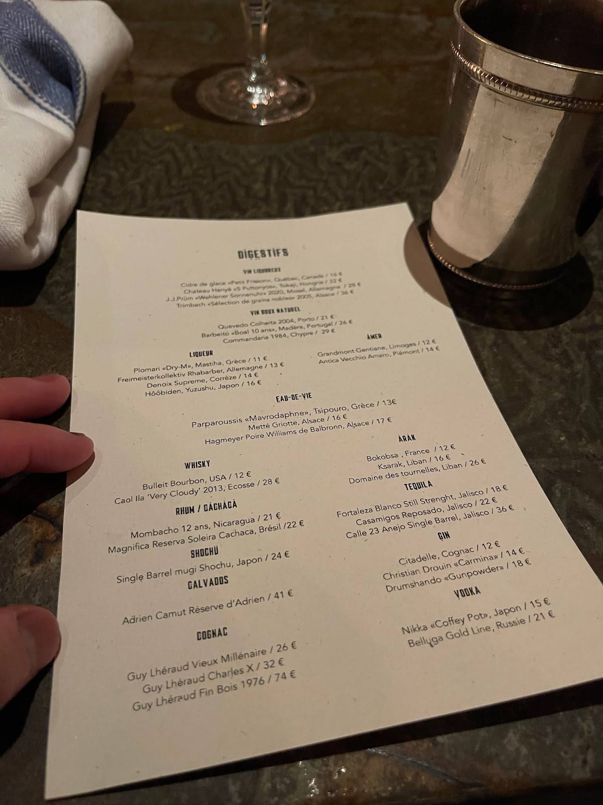 Menu au Shabour restaurant, Paris