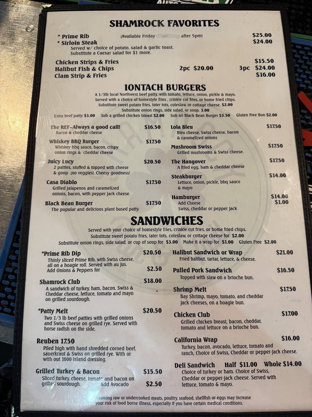 Menu at Shamrock Bar & Grill, Longview