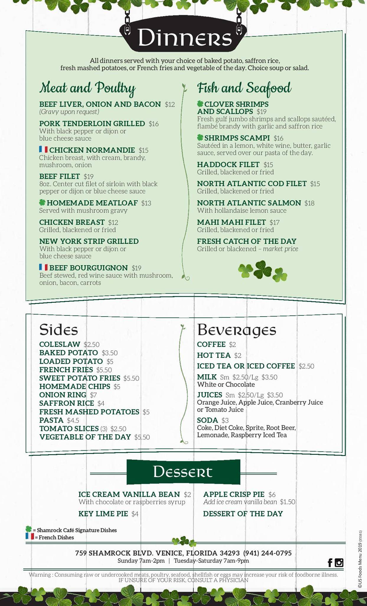Menu at Shamrock Cafe, Venice