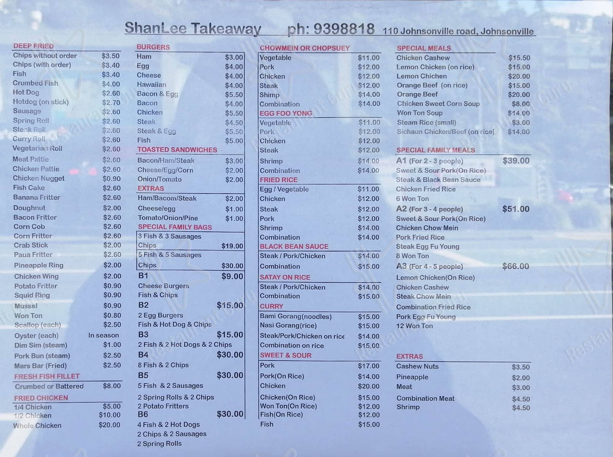 Menu at Shan Lee Takeaways, Wellington