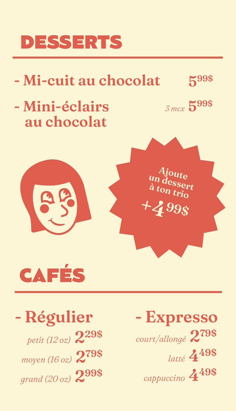 Menu au Chez Denise restaurant, Shannon