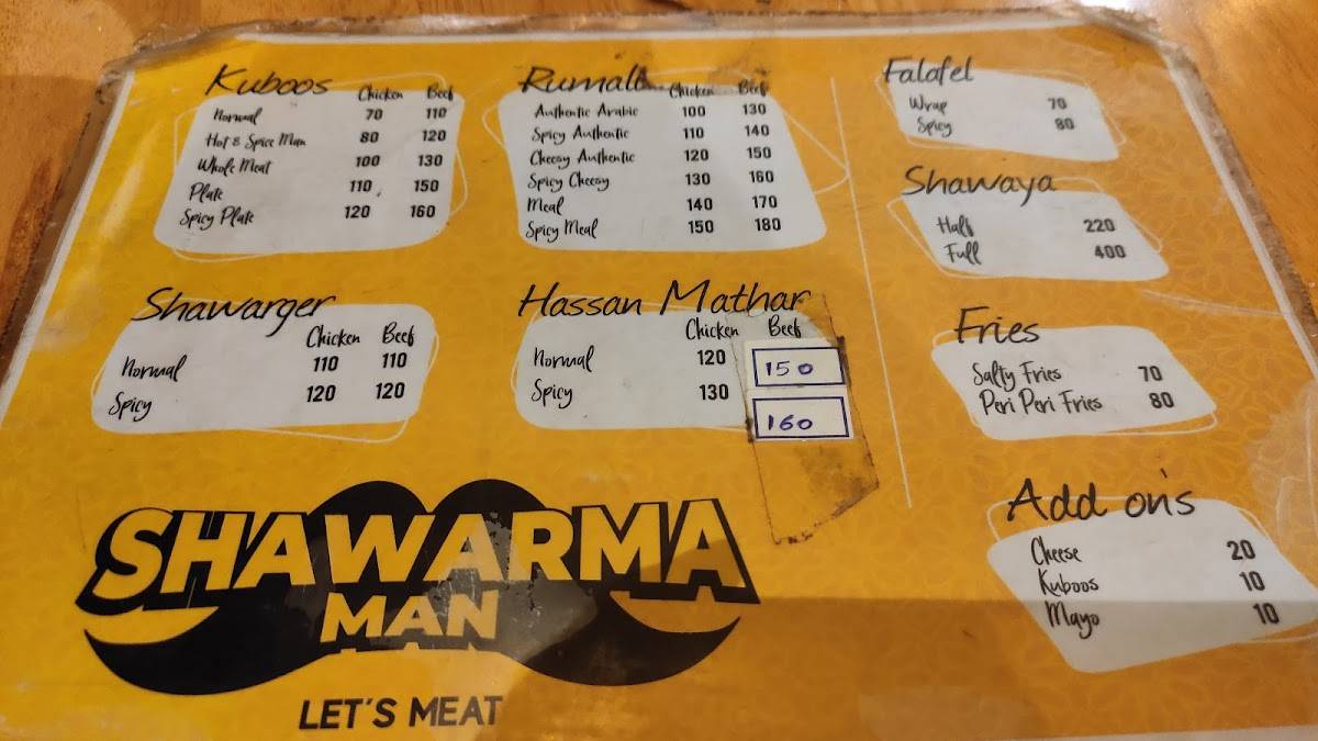 Menu at Shawarma man, Kannur