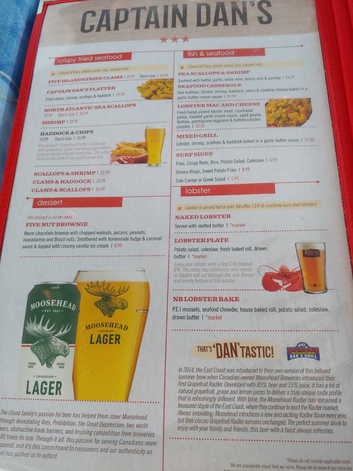 Menu at Captain Dan's pub & bar, Pointe-du-Chêne