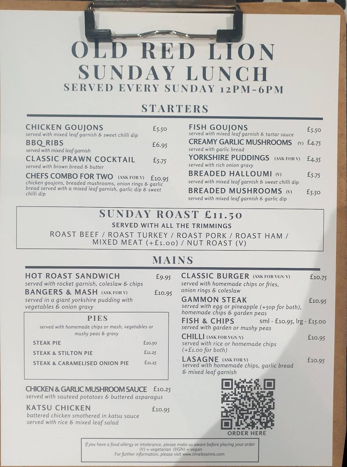 Menu at The Old Red Lion pub & bar, Sheffield