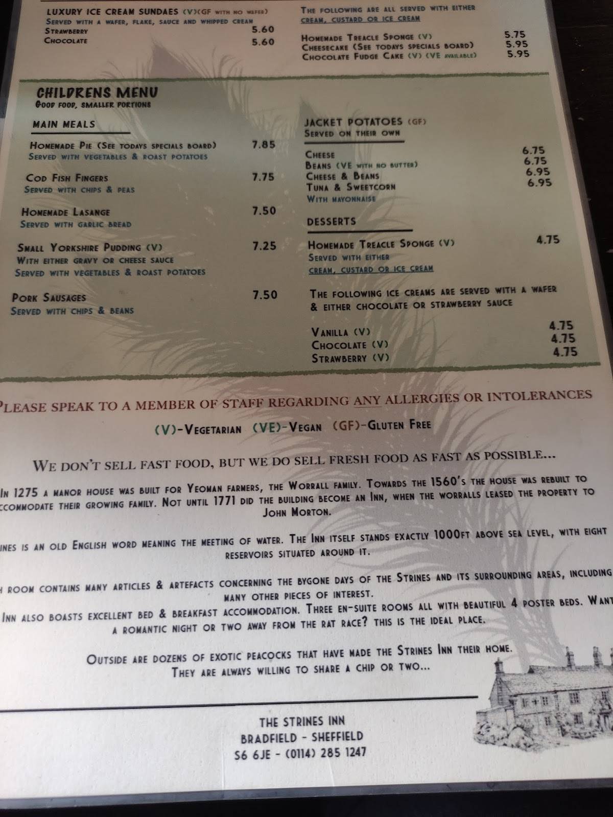 Menu at The Strines Inn pub & bar, Sheffield, Mortimer Road