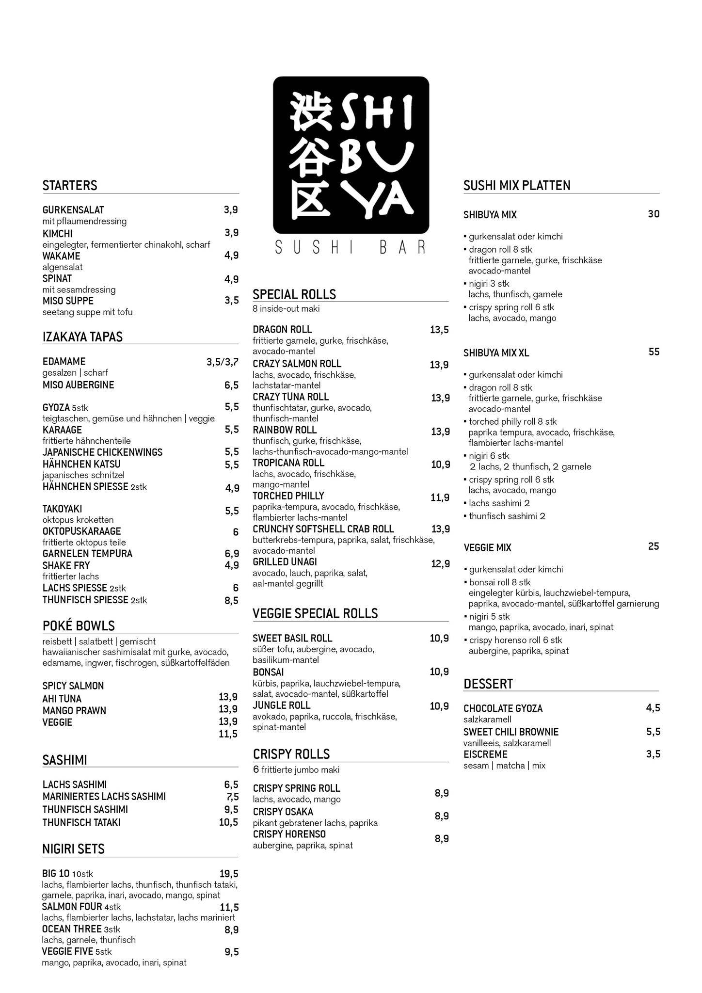 Carta del restaurante Shibuya, Colonia