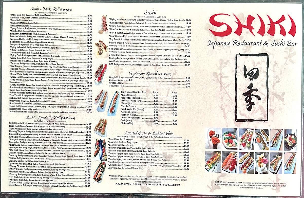 Menu at Shiki Of Mocksville restaurant, Mocksville, Yadkinville Rd