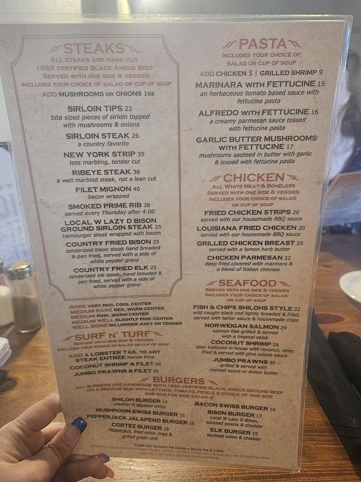 Menu at Shiloh Steak House steakhouse, Cortez, 5 S Veach St