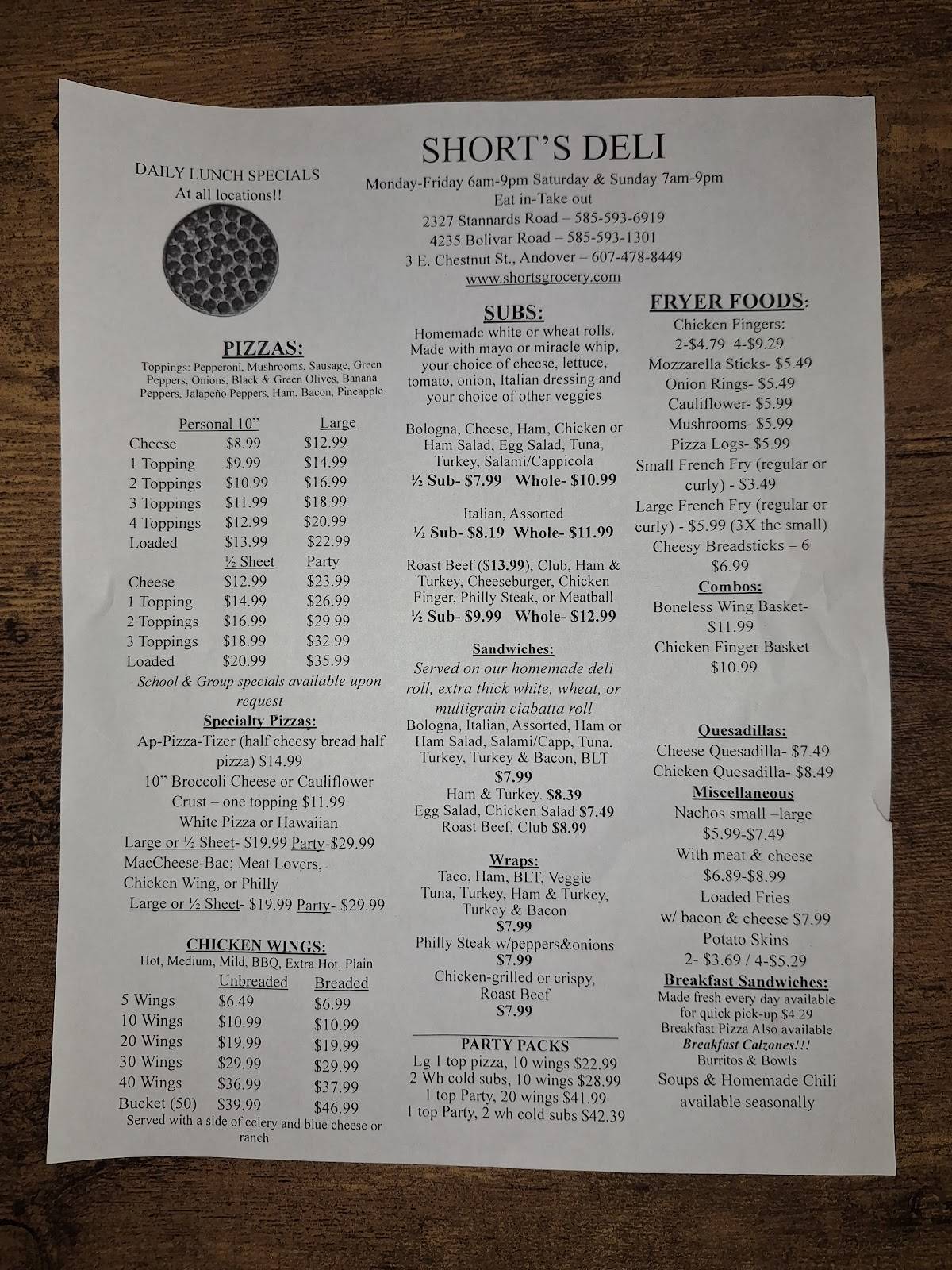 Menu at Short's Deli restaurant, Wellsville, Stannards Rd