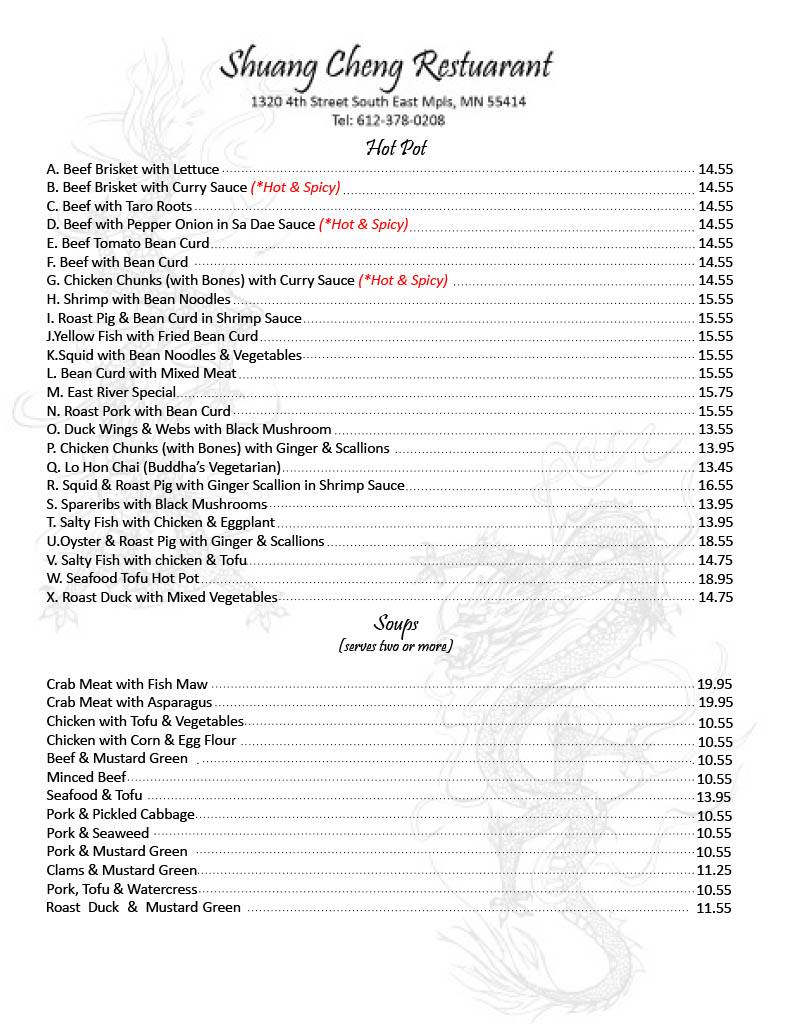 Menu at Shuang Cheng restaurant, Minneapolis