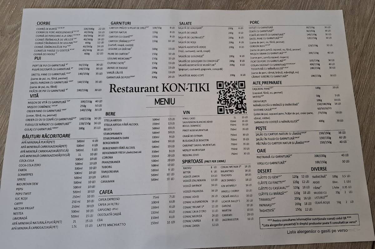 Menu at Kon Tiki, Sibiu