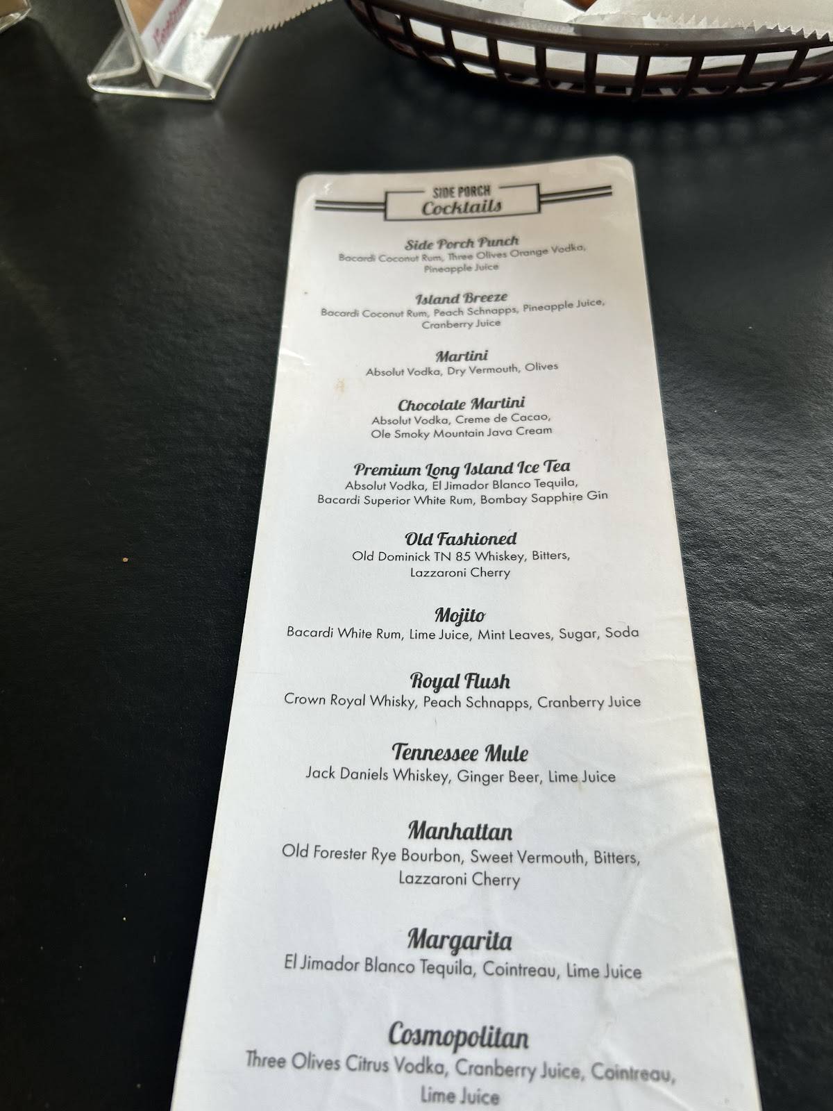 Menu at Side Porch Steakhouse, Bartlett