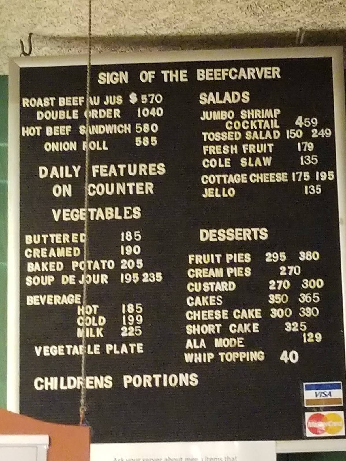 Menu at Sign of the Beefcarver steakhouse, Dearborn, Michigan Ave