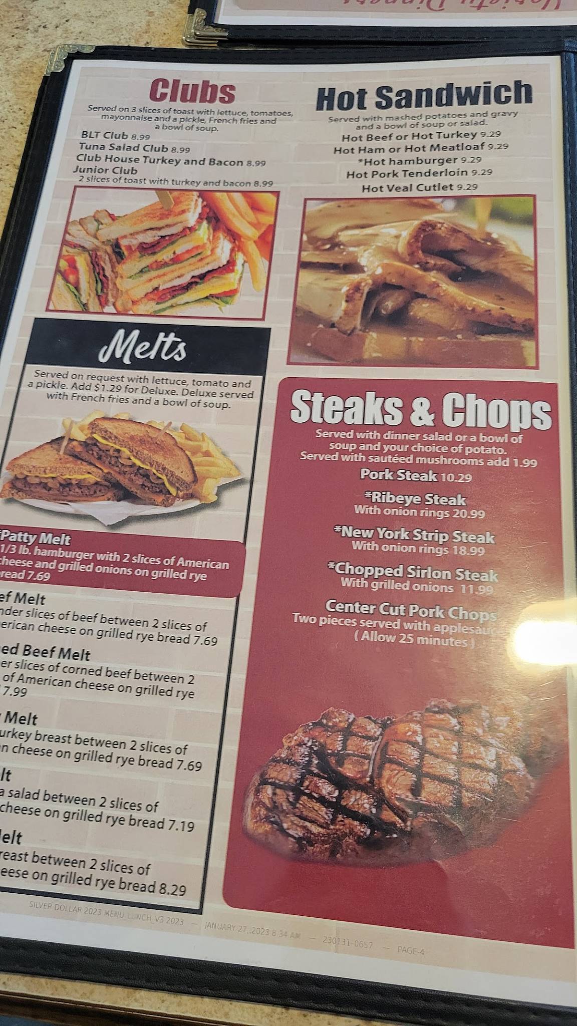 Menu at Silver Dollar restaurant, Eldon, 20 Acorn Dr