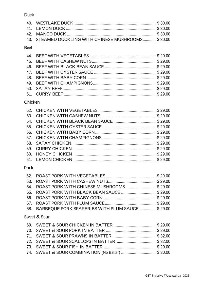 Menu at Silver Dragon restaurant, McKinnon