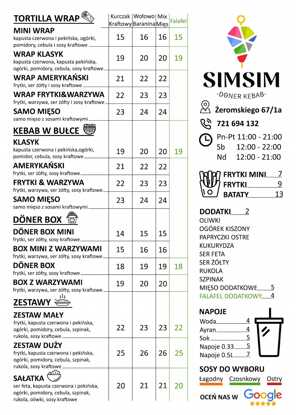 Carta del restaurante SimSim Döner Kebab, Wroclaw (Breslavia)