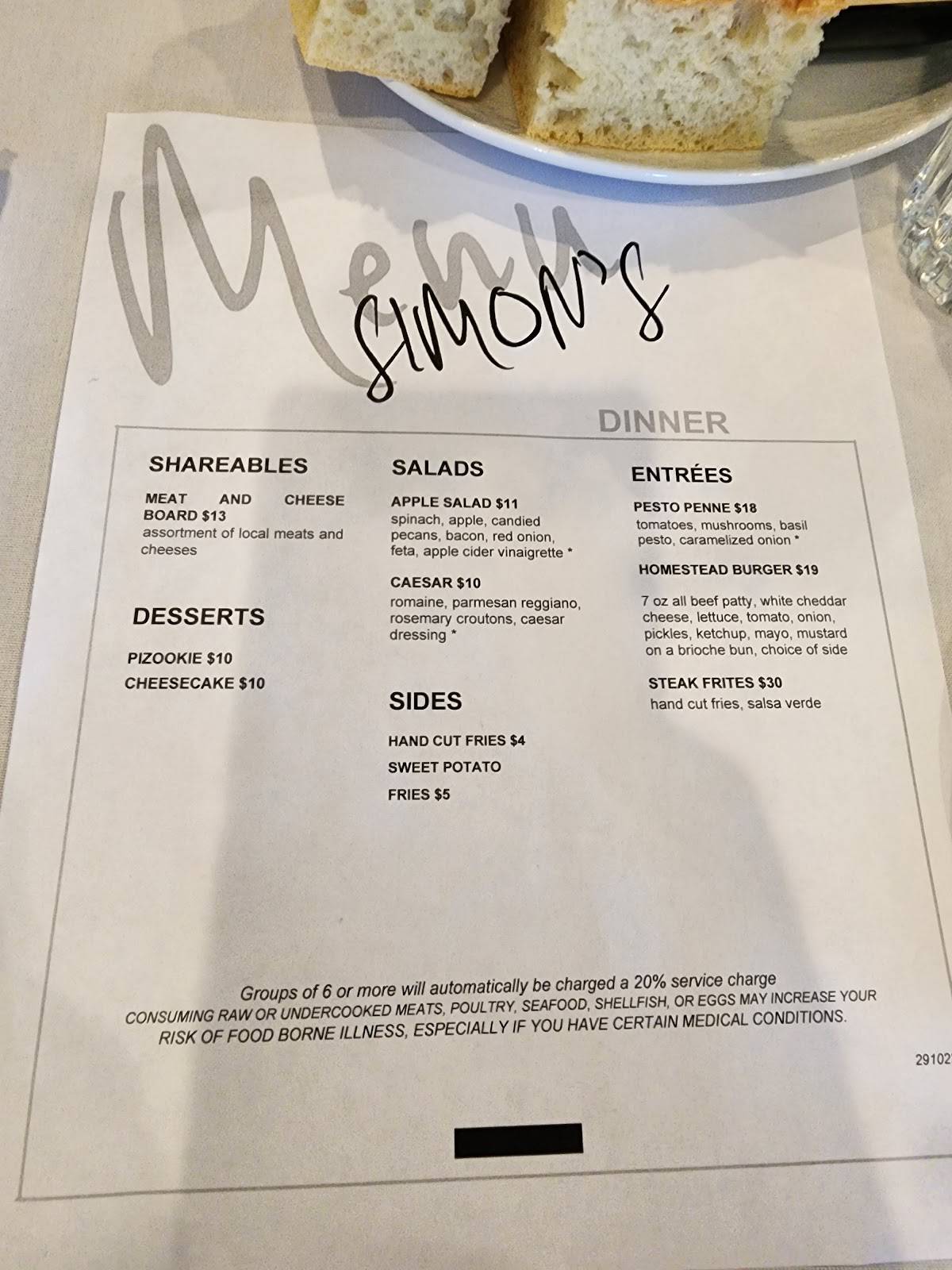 Menu at Simon's Restaurant, Midway