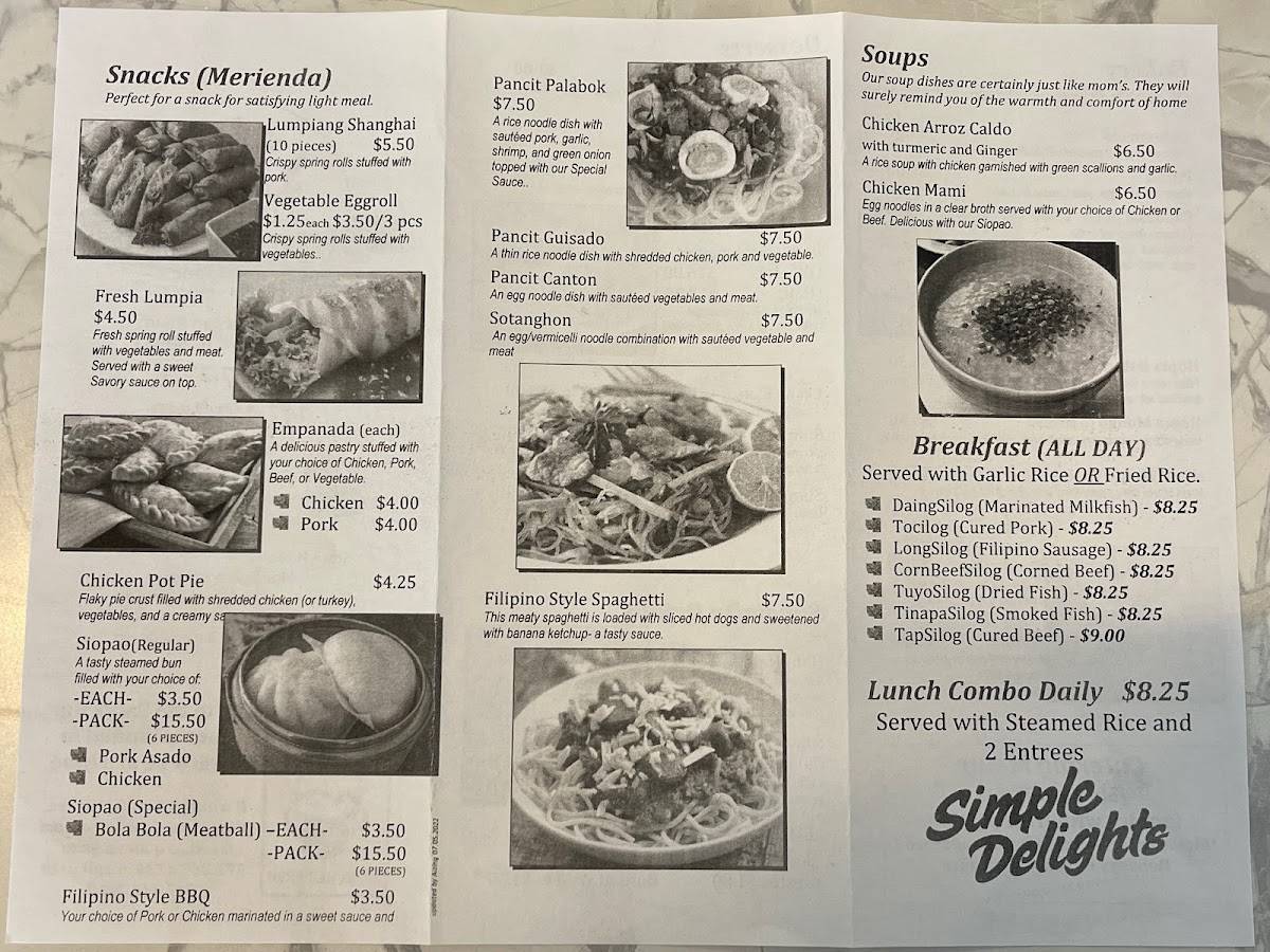 Menu at Simple Delights Filipino Bakery & Cafe, Morton Grove