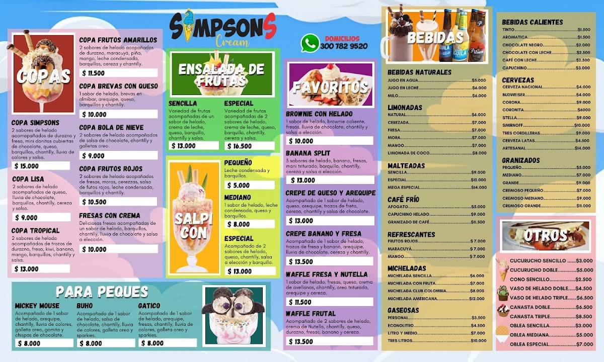 Carta del restaurante Parche Simpson, Medellín