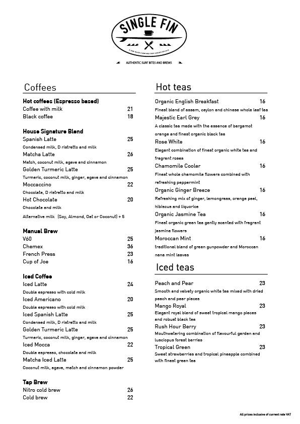 Menu at Single Fin Cafe Dubai, Dubai, Jumeirah Beach Rd