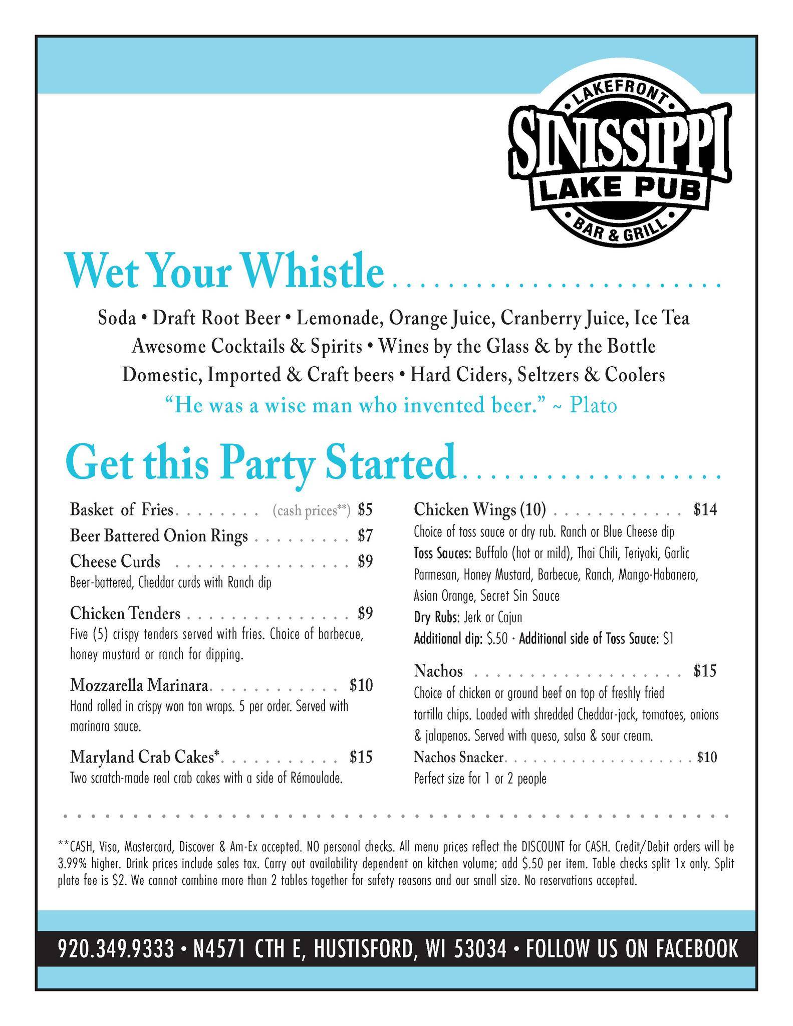 Menu at Sinissippi Lake Pub, Hustisford