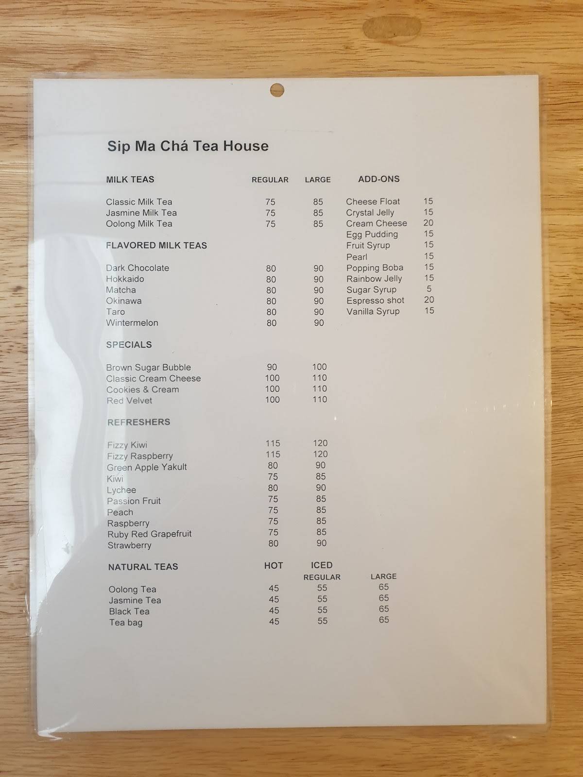 Carta de Sip Ma Cha Tea House Argao, Argao