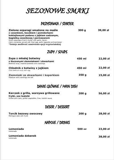 Menu at Siwy Dym restaurant, Warsaw