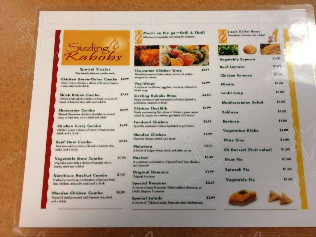 Menu at Sizzling Kabobs restaurant, East Lansing