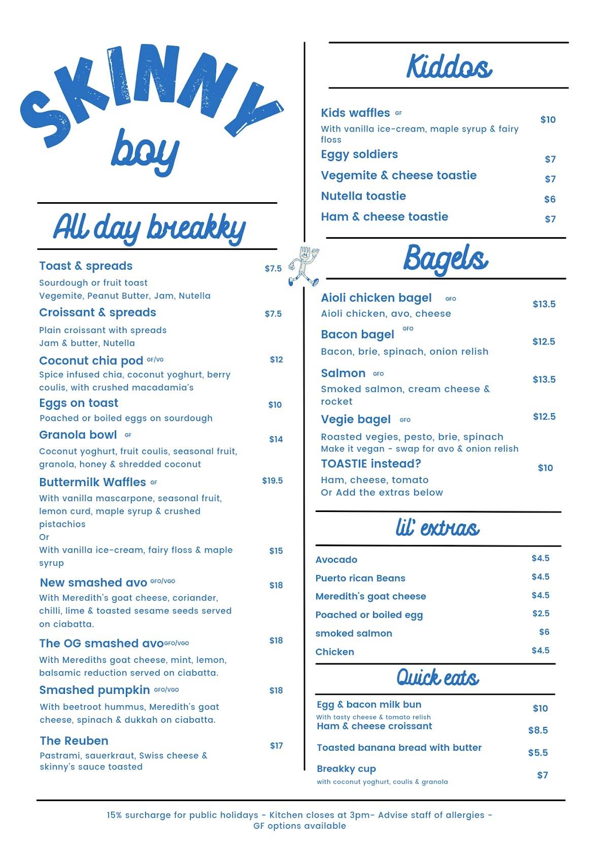 Menu at Skinny Boy cafe, Aspendale
