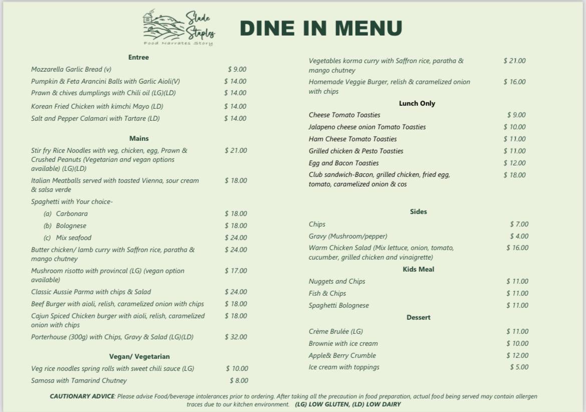 Menu at Slade Staples Restaurant, Yarra Junction