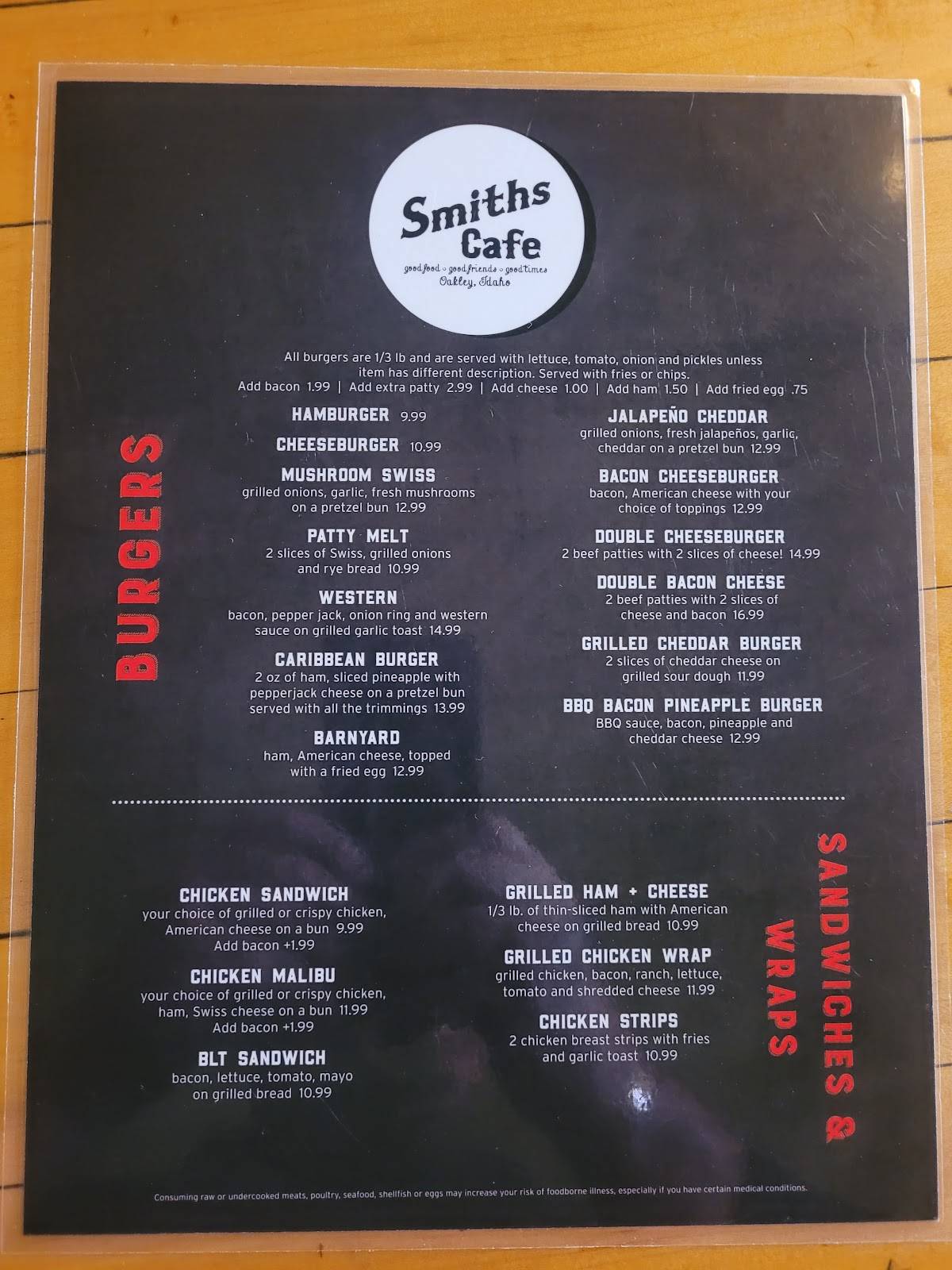 Menu at Smith's Cafe, Oakley