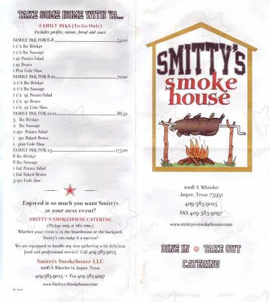 Menu at Smitty's Smoke House BBQ, Jasper