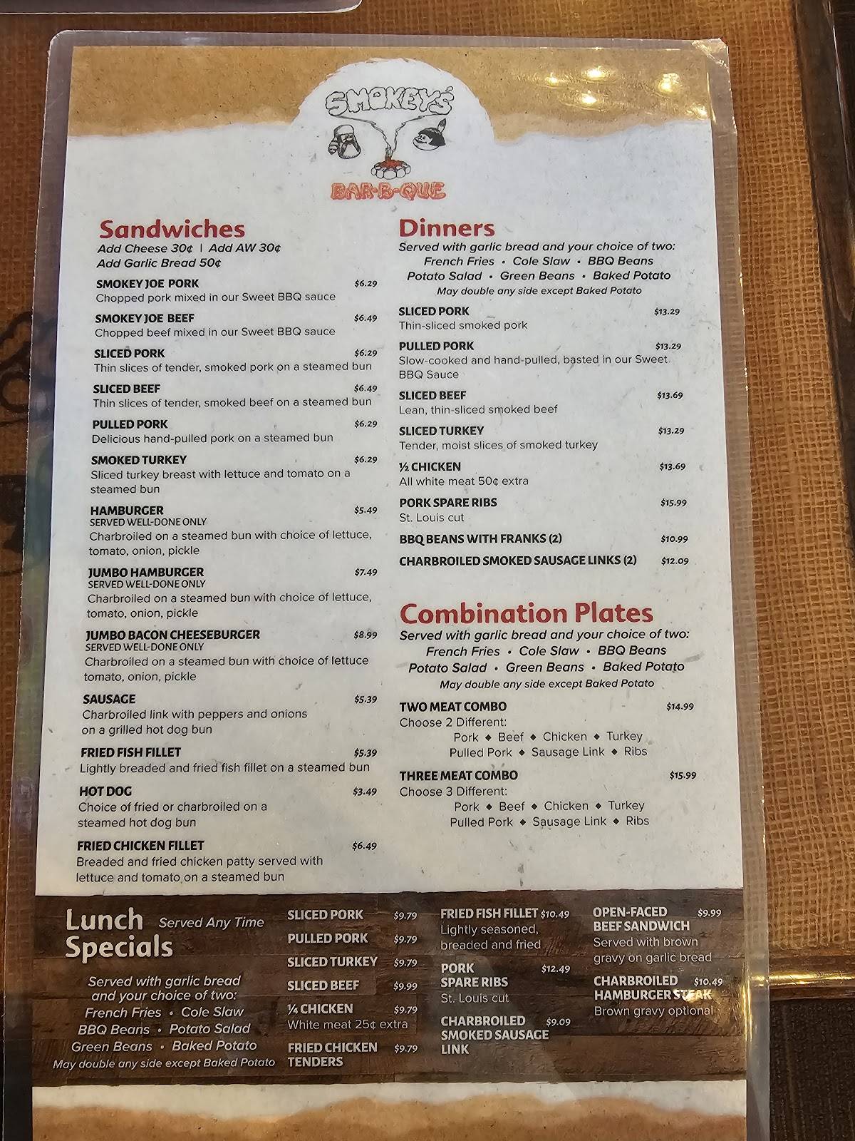 Menu at Smokey's BBQ, Pensacola, Pensacola Blvd