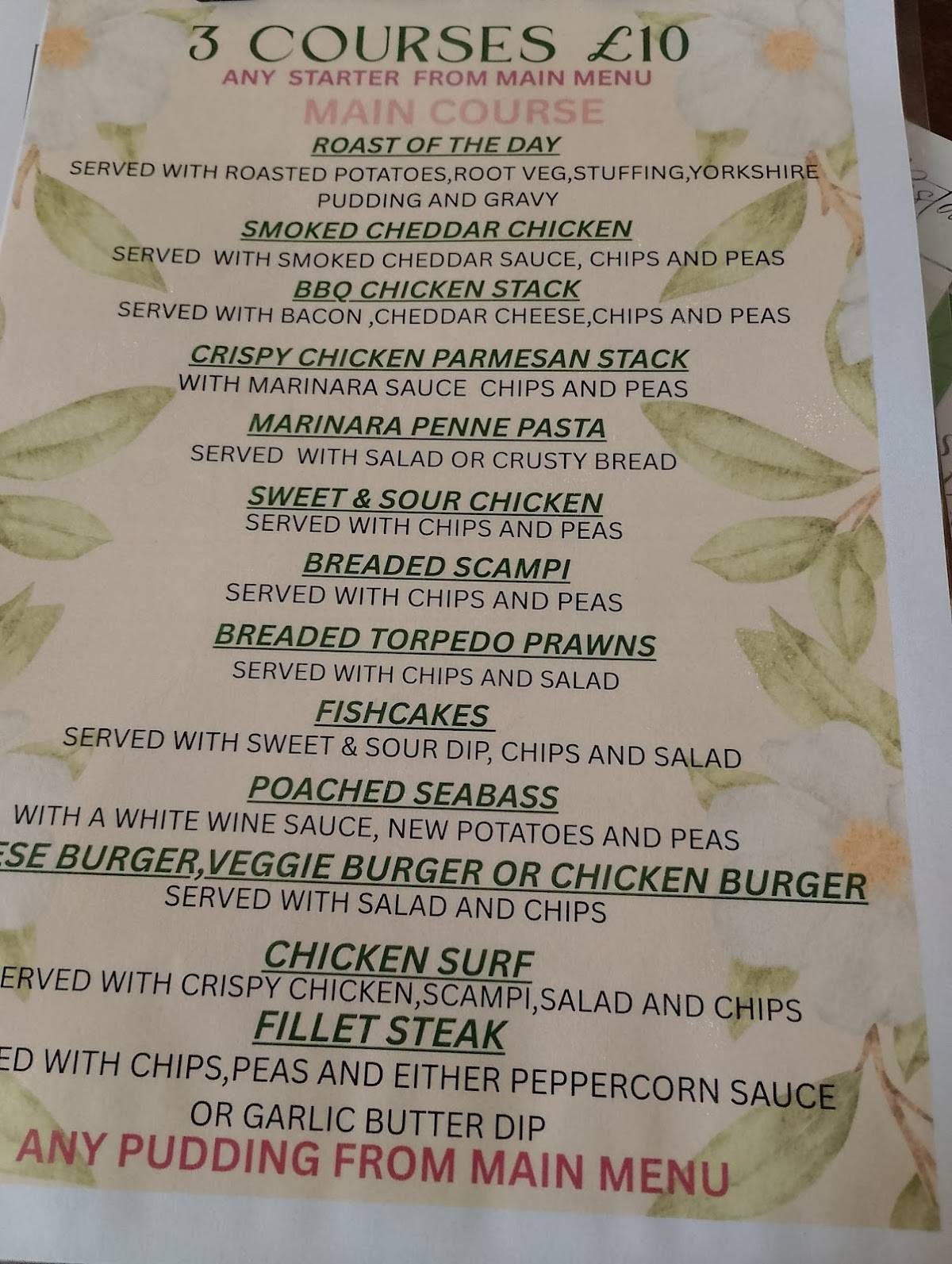 Menu at Smugglers Restaurant, Pevensey
