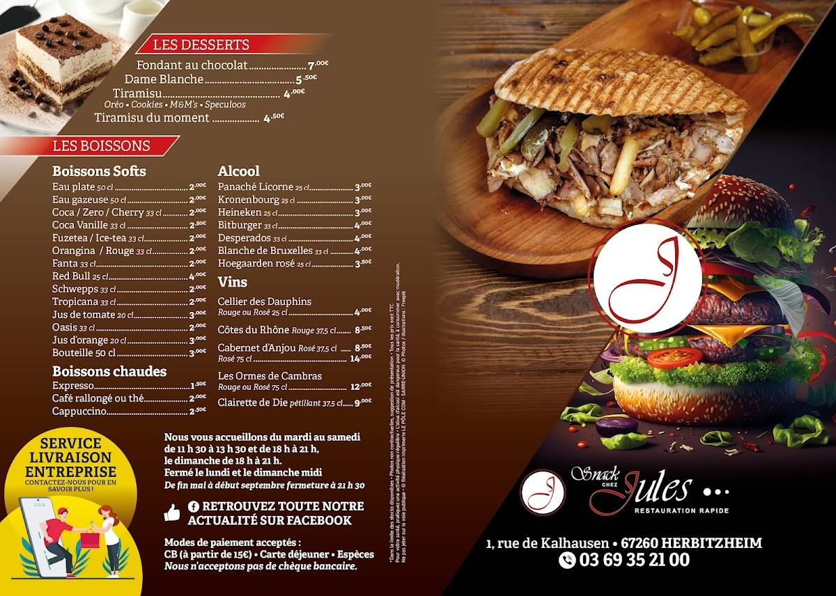 Menu au Snack Chez Jules restaurant, Herbitzheim