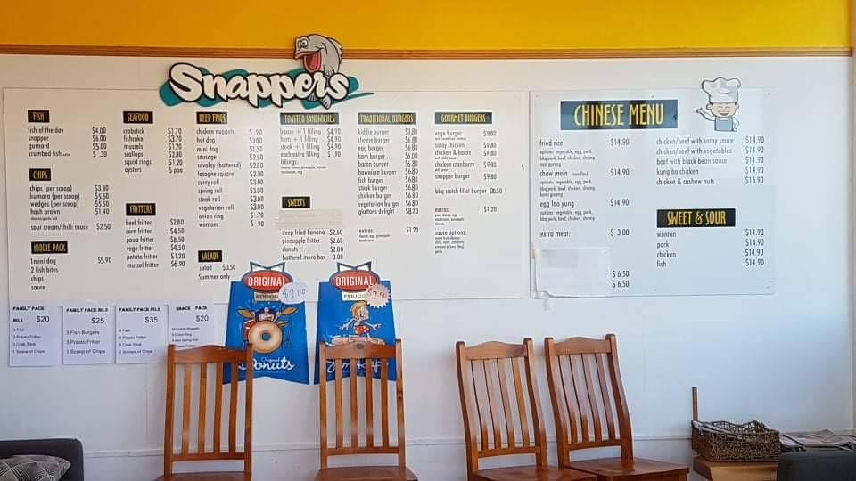 Menu at Snappers Fish and Chips restaurant, New Plymouth