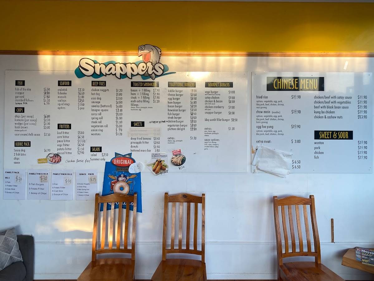 Menu at Snappers Fish and Chips restaurant, New Plymouth