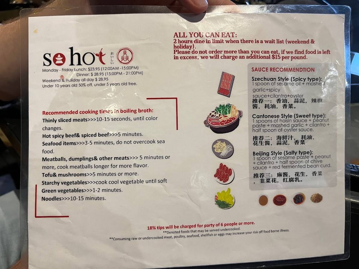 Menu at So Hot restaurant, Cary