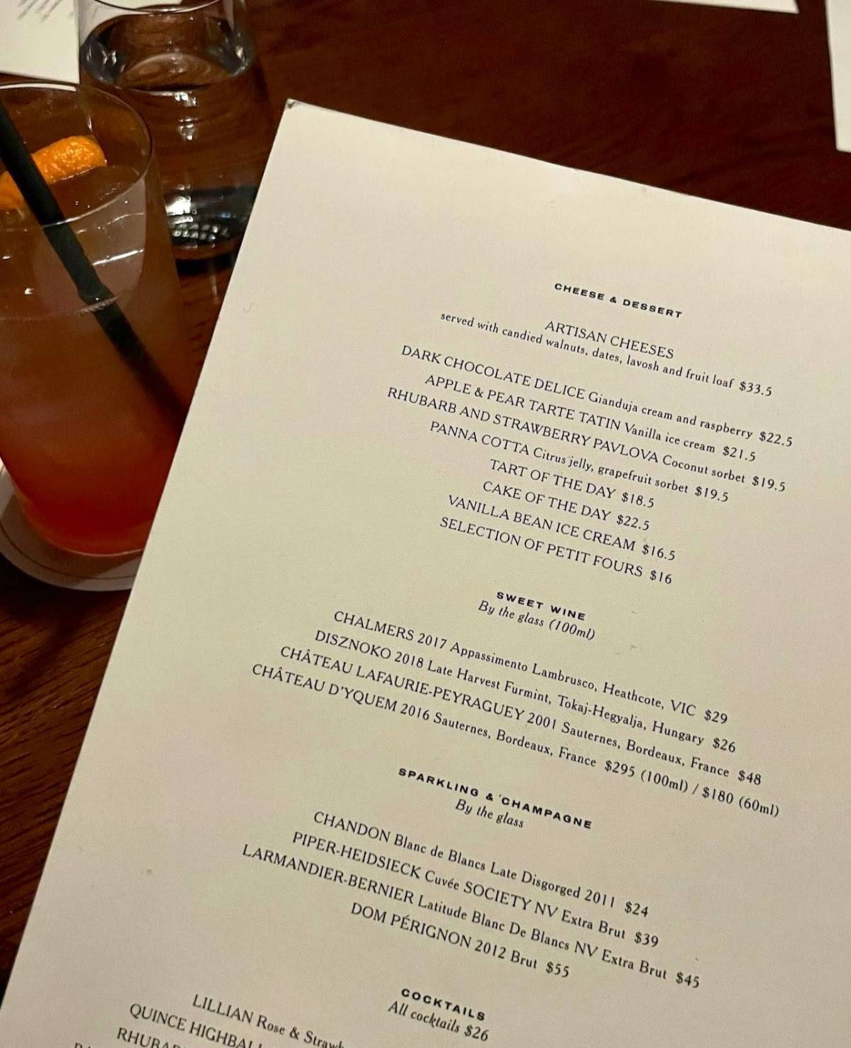 Menu at Society restaurant, Melbourne, 80 Collins St