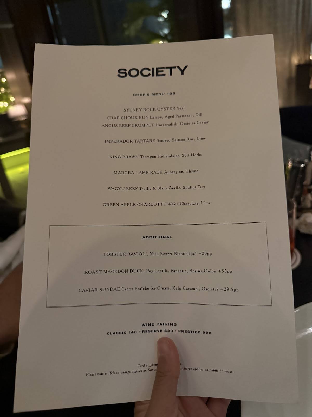 Menu at Society restaurant, Melbourne, 80 Collins St