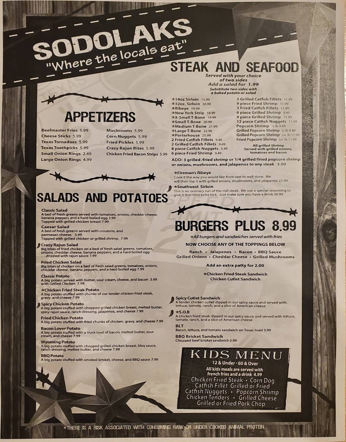 Menu at Sodolaks Beefmasters Restaurant, Bryan